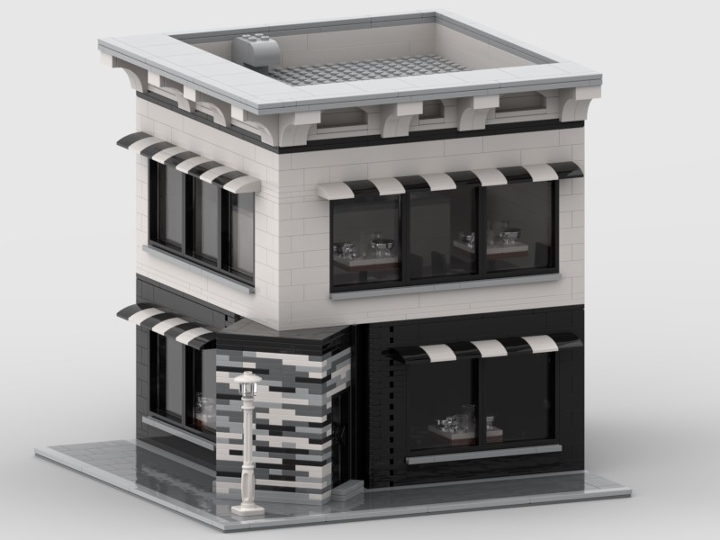32x32 Corner Restaurant Black & White from BrickLink Studio [BrickLink]