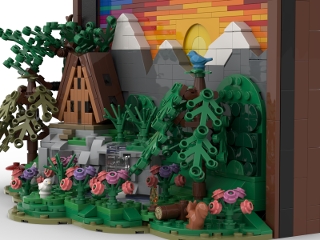 A-frame cabin at sunset from BrickLink Studio [BrickLink]